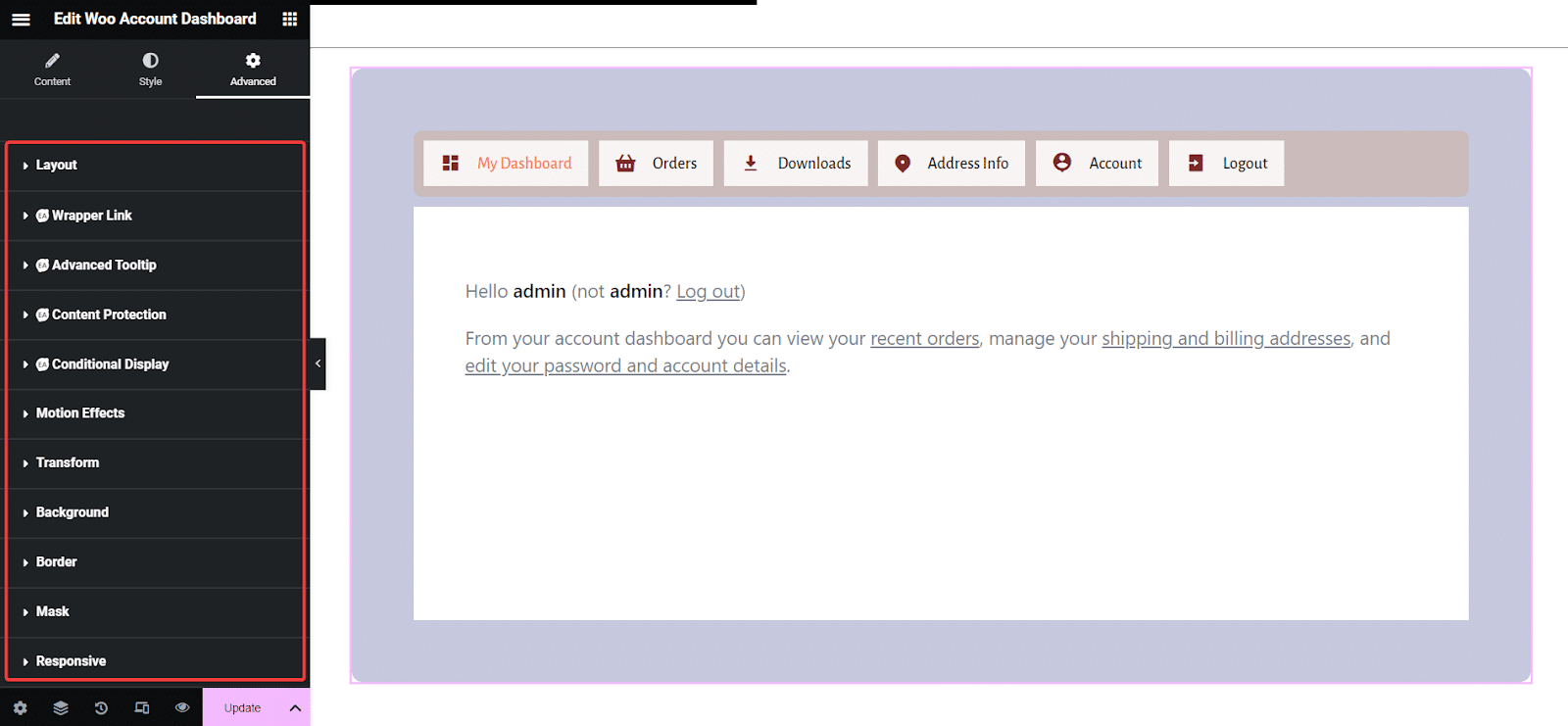 EA Woo Account Dashboard | Essential Addons for Elementor